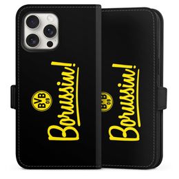 DeinDesign iPhone 15 Pro Max Handy Klapph&uuml;lle Handyh&uuml;lle aus Kunst Leder schwarz Flip Case Borussia Dortmund Bvb Soccer Sideflip mit Lasche