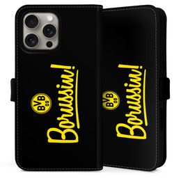 DeinDesign iPhone 16 Pro Handy Klapph&uuml;lle Handyh&uuml;lle aus Kunst Leder schwarz Flip Case Borussia Dortmund Bvb Soccer Sideflip mit Lasche