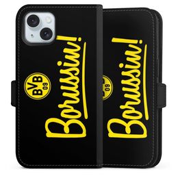 DeinDesign iPhone 15 Handy Klapph&uuml;lle Handyh&uuml;lle aus Kunst Leder schwarz Flip Case Borussia Dortmund Bvb Soccer Sideflip mit Lasche