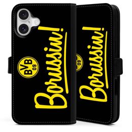DeinDesign iPhone 16 Plus Handy Klapph&uuml;lle Handyh&uuml;lle aus Kunst Leder schwarz Flip Case Borussia Dortmund Bvb Soccer Sideflip mit Lasche
