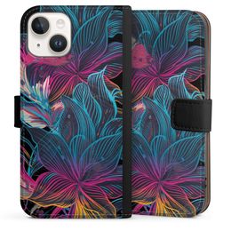 DeinDesign iPhone 14 Handy Klapph&uuml;lle Handyh&uuml;lle aus Kunst Leder schwarz Flip Case Colourful Flowers Neon Sideflip mit Lasche