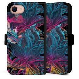 DeinDesign iPhone 16e Handy Klapph&uuml;lle Handyh&uuml;lle aus Kunst Leder schwarz Flip Case Colourful Flowers Neon Sideflip mit Lasche