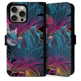 DeinDesign iPhone 16 Pro Handy Klapph&uuml;lle Handyh&uuml;lle aus Kunst Leder schwarz Flip Case Colourful Flowers Neon Sideflip mit Lasche