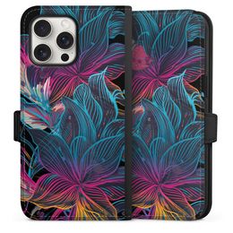 DeinDesign iPhone 15 Pro Max Handy Klapph&uuml;lle Handyh&uuml;lle aus Kunst Leder schwarz Flip Case Colourful Flowers Neon Sideflip mit Lasche