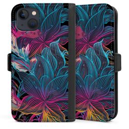 DeinDesign iPhone 13 Handy Klapph&uuml;lle Handyh&uuml;lle aus Kunst Leder schwarz Flip Case Colourful Flowers Neon Sideflip mit Lasche