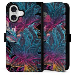 DeinDesign iPhone 16 Handy Klapph&uuml;lle Handyh&uuml;lle aus Kunst Leder schwarz Flip Case Colourful Flowers Neon Sideflip mit Lasche
