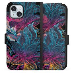 DeinDesign iPhone 15 Handy Klapph&uuml;lle Handyh&uuml;lle aus Kunst Leder schwarz Flip Case Colourful Flowers Neon Sideflip mit Lasche