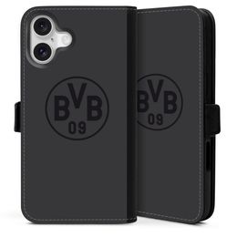 DeinDesign iPhone 16 Plus Handy Klapph&uuml;lle Handyh&uuml;lle aus Kunst Leder schwarz Flip Case Bvb Borussia Dortmund Logo Sideflip mit Lasche