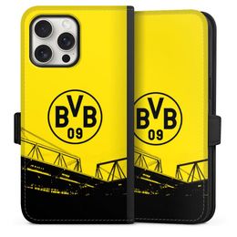 DeinDesign iPhone 15 Pro Max Handy Klapph&uuml;lle Handyh&uuml;lle aus Kunst Leder schwarz Flip Case Merchandise Bvb Borussia Dortmund Sideflip mit Lasche