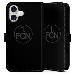 DeinDesign iPhone 16 Handy Klapph&uuml;lle Handyh&uuml;lle aus Kunst Leder schwarz Flip Case 1. Fcn 1. Fc N&uuml;rnberg Logo Sideflip mit Lasche