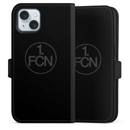 DeinDesign iPhone 15 Handy Klapph&uuml;lle Handyh&uuml;lle aus Kunst Leder schwarz Flip Case 1. Fcn 1. Fc N&uuml;rnberg Logo Sideflip mit Lasche