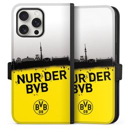 DeinDesign iPhone 15 Pro Max Handy Klapph&uuml;lle Handyh&uuml;lle aus Kunst Leder schwarz Flip Case Borussia Dortmund Statement Bvb Sideflip mit Lasche