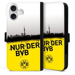 DeinDesign iPhone 16 Plus Handy Klapph&uuml;lle Handyh&uuml;lle aus Kunst Leder schwarz Flip Case Borussia Dortmund Statement Bvb Sideflip mit Lasche