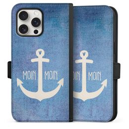 DeinDesign iPhone 15 Pro Max Handy Klapph&uuml;lle Handyh&uuml;lle aus Kunst Leder schwarz Flip Case Anchor Maritim Blue Sideflip mit Lasche