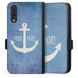 DeinDesign Galaxy A50 Handy Klapph&uuml;lle Handyh&uuml;lle aus Kunst Leder schwarz Flip Case Anchor Maritim Blue Sideflip mit Lasche