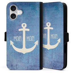 DeinDesign iPhone 16 Plus Handy Klapph&uuml;lle Handyh&uuml;lle aus Kunst Leder schwarz Flip Case Anchor Maritim Blue Sideflip mit Lasche