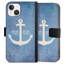 DeinDesign iPhone 14 Handy Klapph&uuml;lle Handyh&uuml;lle aus Kunst Leder schwarz Flip Case Anchor Maritim Blue Sideflip mit Lasche