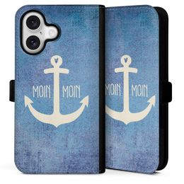 DeinDesign iPhone 16 Handy Klapph&uuml;lle Handyh&uuml;lle aus Kunst Leder schwarz Flip Case Anchor Maritim Blue Sideflip mit Lasche