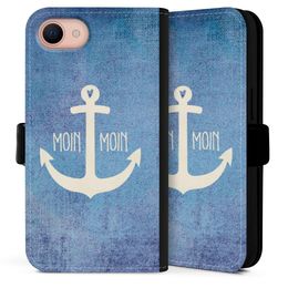 DeinDesign iPhone 16e Handy Klapph&uuml;lle Handyh&uuml;lle aus Kunst Leder schwarz Flip Case Anchor Maritim Blue Sideflip mit Lasche