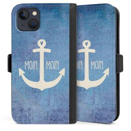 DeinDesign iPhone 13 Handy Klapph&uuml;lle Handyh&uuml;lle aus Kunst Leder schwarz Flip Case Anchor Maritim Blue Sideflip mit Lasche