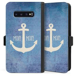 DeinDesign Galaxy S10 Plus Handy Klapph&uuml;lle Handyh&uuml;lle aus Kunst Leder schwarz Flip Case Anchor Maritim Blue Sideflip mit Lasche