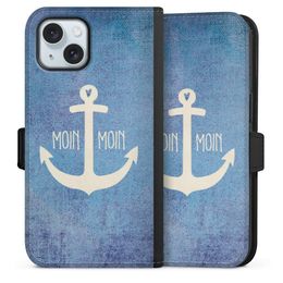 DeinDesign iPhone 15 Handy Klapph&uuml;lle Handyh&uuml;lle aus Kunst Leder schwarz Flip Case Anchor Maritim Blue Sideflip mit Lasche