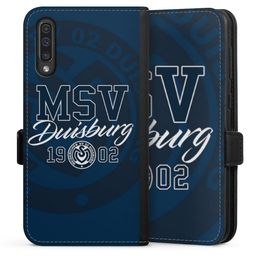 DeinDesign Galaxy A50 Handy Klapph&uuml;lle Handyh&uuml;lle aus Kunst Leder schwarz Flip Case Soccer Merchandise Msv Duisburg Sideflip mit Lasche