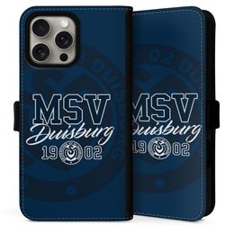 DeinDesign iPhone 16 Pro Handy Klapph&uuml;lle Handyh&uuml;lle aus Kunst Leder schwarz Flip Case Soccer Merchandise Msv Duisburg Sideflip mit Lasche