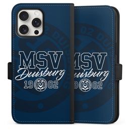 DeinDesign iPhone 15 Pro Max Handy Klapph&uuml;lle Handyh&uuml;lle aus Kunst Leder schwarz Flip Case Soccer Merchandise Msv Duisburg Sideflip mit Lasche