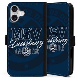 DeinDesign iPhone 16 Plus Handy Klapph&uuml;lle Handyh&uuml;lle aus Kunst Leder schwarz Flip Case Soccer Merchandise Msv Duisburg Sideflip mit Lasche