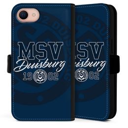 DeinDesign iPhone 16e Handy Klapph&uuml;lle Handyh&uuml;lle aus Kunst Leder schwarz Flip Case Soccer Merchandise Msv Duisburg Sideflip mit Lasche