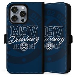 DeinDesign iPhone 16 Pro Max Handy Klapph&uuml;lle Handyh&uuml;lle aus Kunst Leder schwarz Flip Case Soccer Merchandise Msv Duisburg Sideflip mit Lasche