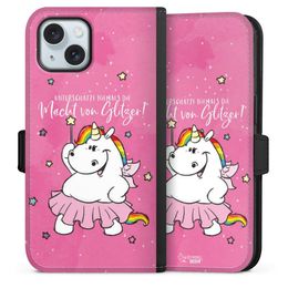 DeinDesign iPhone 15 Handy Klapph&uuml;lle Handyh&uuml;lle aus Kunst Leder schwarz Flip Case Pummeleinhorn Official Licensed Product Pummel & Friends Sideflip mit Lasche