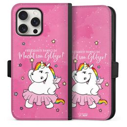DeinDesign iPhone 15 Pro Max Handy Klapph&uuml;lle Handyh&uuml;lle aus Kunst Leder schwarz Flip Case Pummeleinhorn Official Licensed Product Pummel & Friends Sideflip mit 