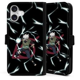 DeinDesign iPhone 16 Plus Handy Klapph&uuml;lle Handyh&uuml;lle aus Kunst Leder schwarz Flip Case Naruto Shippuden Official Licensed Product Kakashi Sideflip mit Lasche