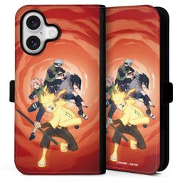 DeinDesign iPhone 16 Handy Klapph&uuml;lle Handyh&uuml;lle aus Kunst Leder schwarz Flip Case Naruto Shippuden Sasuke Sakura Sideflip mit Lasche