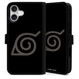 DeinDesign iPhone 16 Plus Handy Klapph&uuml;lle Handyh&uuml;lle aus Kunst Leder schwarz Flip Case Naruto Shippuden Konoha Logo Sideflip mit Lasche