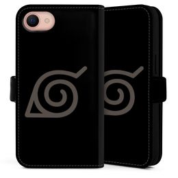DeinDesign iPhone 16e Handy Klapph&uuml;lle Handyh&uuml;lle aus Kunst Leder schwarz Flip Case Naruto Shippuden Konoha Logo Sideflip mit Lasche