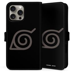 DeinDesign iPhone 16 Pro Handy Klapph&uuml;lle Handyh&uuml;lle aus Kunst Leder schwarz Flip Case Naruto Shippuden Konoha Logo Sideflip mit Lasche