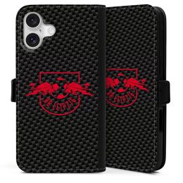 DeinDesign iPhone 16 Plus Handy Klapph&uuml;lle Handyh&uuml;lle aus Kunst Leder schwarz Flip Case Rb Leipzig Official Licensed Product Carbon Sideflip mit Lasche