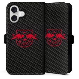 DeinDesign iPhone 16 Handy Klapph&uuml;lle Handyh&uuml;lle aus Kunst Leder schwarz Flip Case Rb Leipzig Official Licensed Product Carbon Sideflip mit Lasche