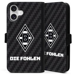 DeinDesign iPhone 16 Plus Handy Klapph&uuml;lle Handyh&uuml;lle aus Kunst Leder schwarz Flip Case Borussia M&ouml;nchengladbach Carbon Gladbach Sideflip mit Lasche