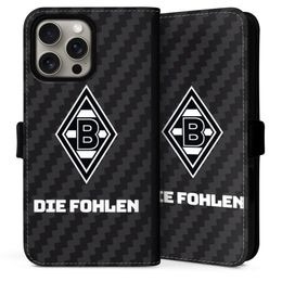 DeinDesign iPhone 16 Pro Handy Klapph&uuml;lle Handyh&uuml;lle aus Kunst Leder schwarz Flip Case Borussia M&ouml;nchengladbach Carbon Gladbach Sideflip mit Lasche