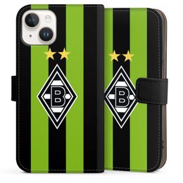 DeinDesign iPhone 14 Handy Klapph&uuml;lle Handyh&uuml;lle aus Kunst Leder schwarz Flip Case Stripes Borussia M&ouml;nchengladbach Gladbach Sideflip mit Lasche
