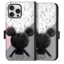 DeinDesign iPhone 15 Pro Max Handy Klapph&uuml;lle Handyh&uuml;lle aus Kunst Leder schwarz Flip Case Marble Disney Mickey Mouse Sideflip mit Lasche