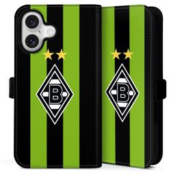 DeinDesign iPhone 16 Handy Klapph&uuml;lle Handyh&uuml;lle aus Kunst Leder schwarz Flip Case Stripes Borussia M&ouml;nchengladbach Gladbach Sideflip mit Lasche