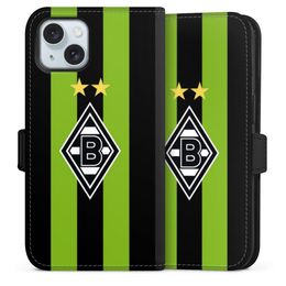 DeinDesign iPhone 15 Handy Klapph&uuml;lle Handyh&uuml;lle aus Kunst Leder schwarz Flip Case Stripes Borussia M&ouml;nchengladbach Gladbach Sideflip mit Lasche