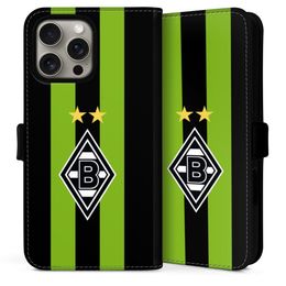 DeinDesign iPhone 16 Pro Handy Klapph&uuml;lle Handyh&uuml;lle aus Kunst Leder schwarz Flip Case Stripes Borussia M&ouml;nchengladbach Gladbach Sideflip mit Lasche