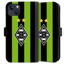 DeinDesign iPhone 13 Handy Klapph&uuml;lle Handyh&uuml;lle aus Kunst Leder schwarz Flip Case Stripes Borussia M&ouml;nchengladbach Gladbach Sideflip mit Lasche