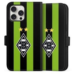 DeinDesign iPhone 15 Pro Max Handy Klapph&uuml;lle Handyh&uuml;lle aus Kunst Leder schwarz Flip Case Stripes Borussia M&ouml;nchengladbach Gladbach Sideflip mit Lasche